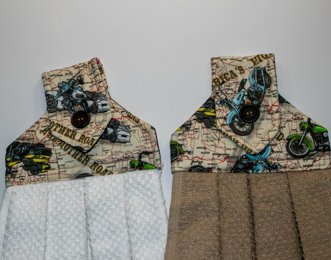 Motorcycle Hanging Kitchen Towel Set, Quilted Cotton, Roadmap Design - Etsy