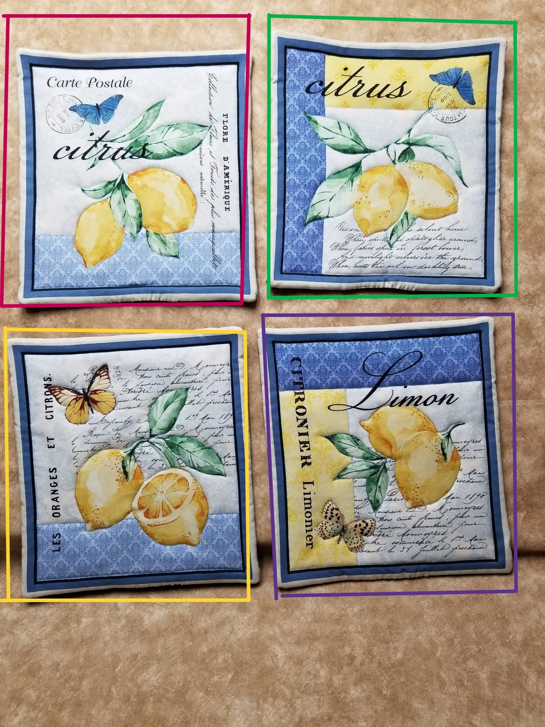 Quilted Kitchen Hot Pad, Lemons, Butterflies, Handwriting on Yellow ...