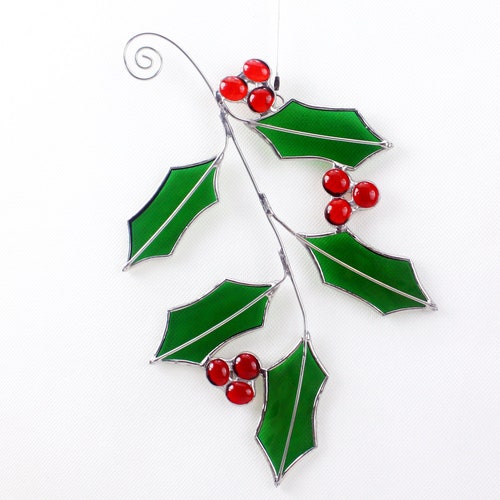 Holly Stained Glass Suncatcher Christmas Decor Holiday Etsy
