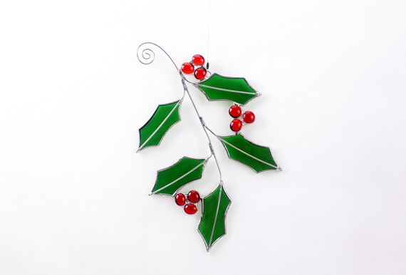 Holly Stained Glass Suncatcher Christmas Decor Holiday Etsy