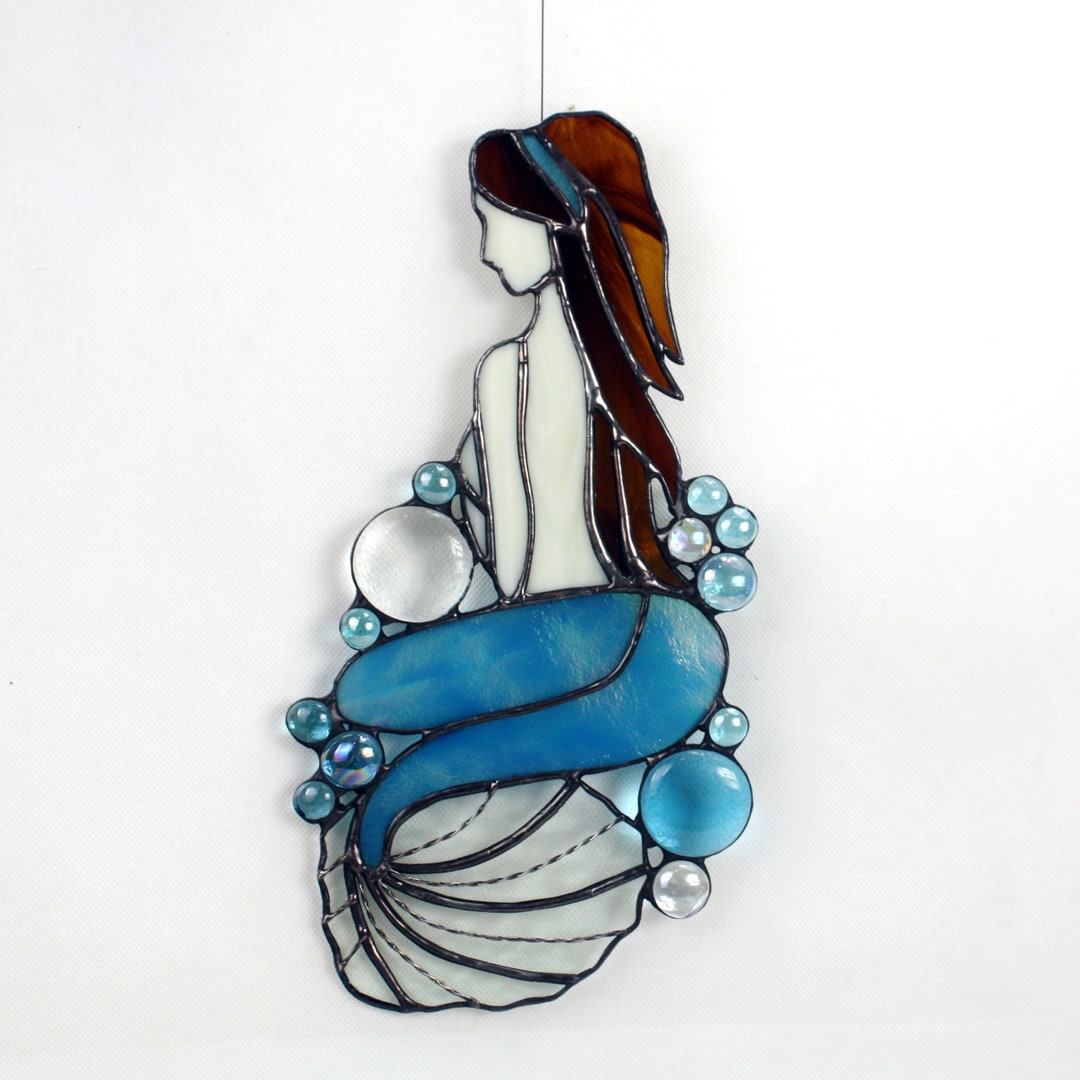 Stained Glass Mermaid Panel, Aqua Iridescent, Brunette, Beach Decor ...