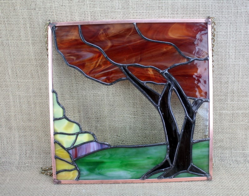 Stained Glass Fall Tree Autumn Tree Landscape Stained Glass | Etsy