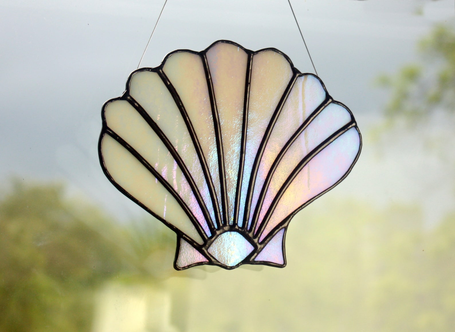 Shell Stained Glass Suncatcher White Iridescent Beach Decor | Etsy