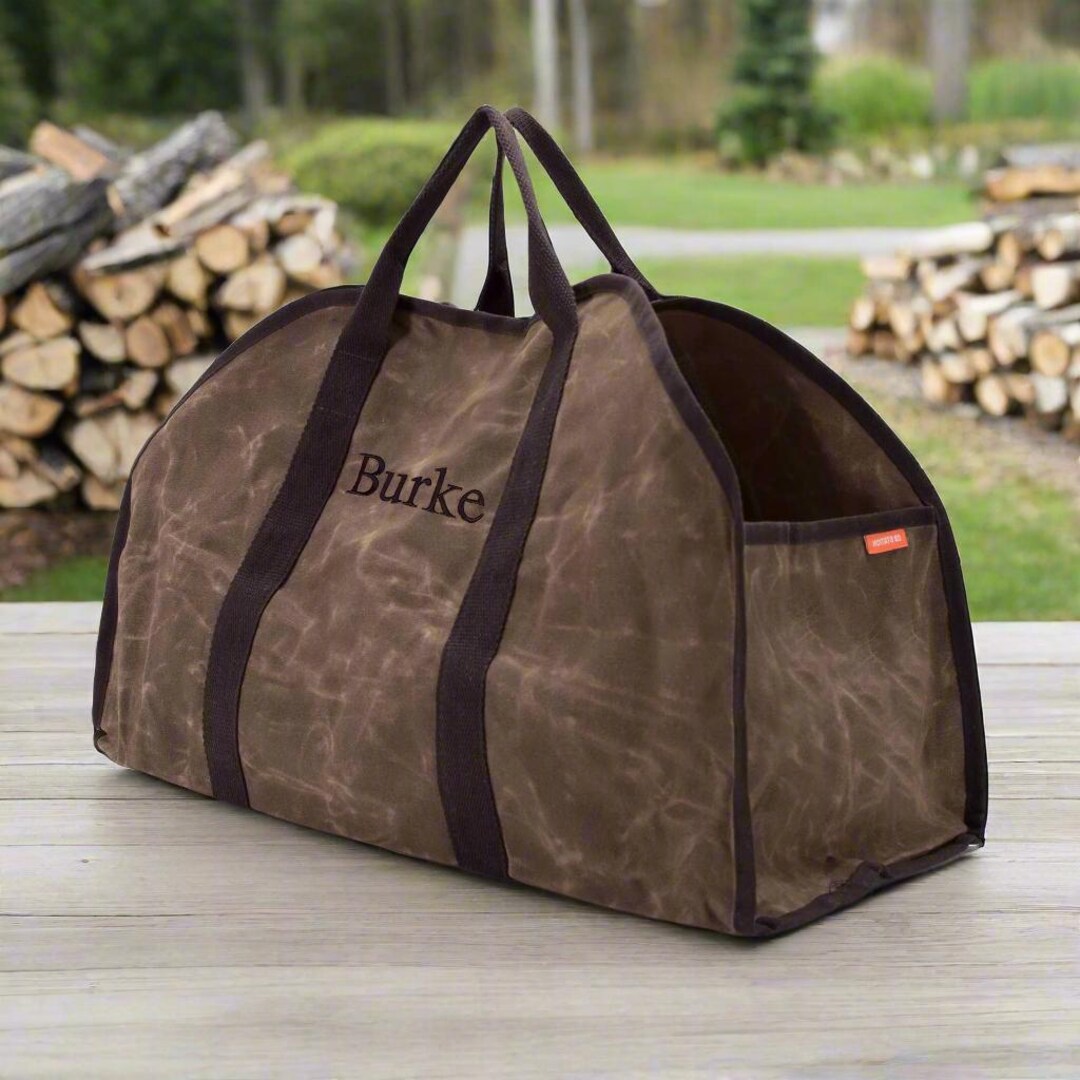 Monogram Waxed Canvas Log Carrier, Personalized Firewood Sling Bag ...