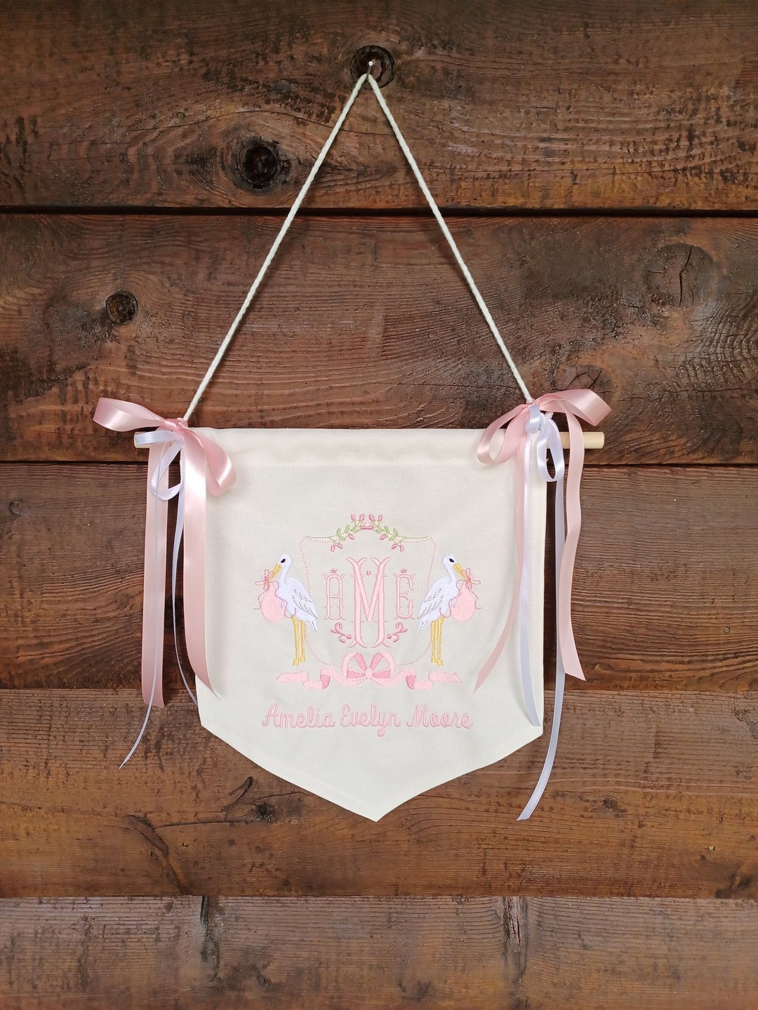 Personalized Stork Baby Banner: Embroidered Monogram Canvas Hospital ...
