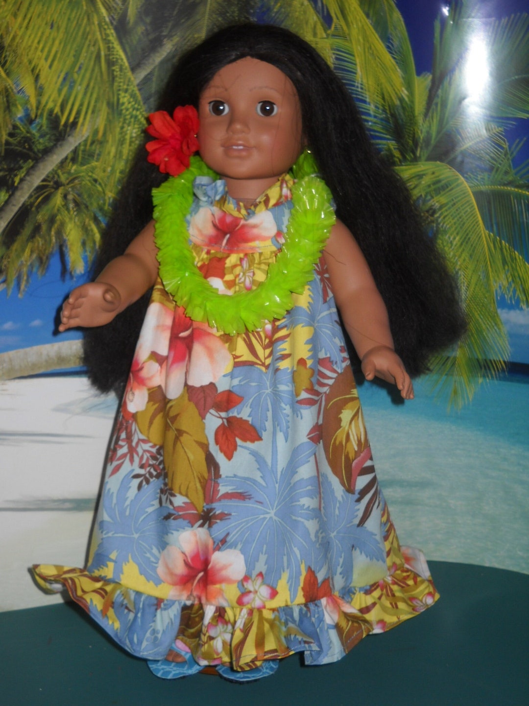 18" Doll Blue With Pink Hibiscus Hawiian Print Muumu and Accessories - Etsy