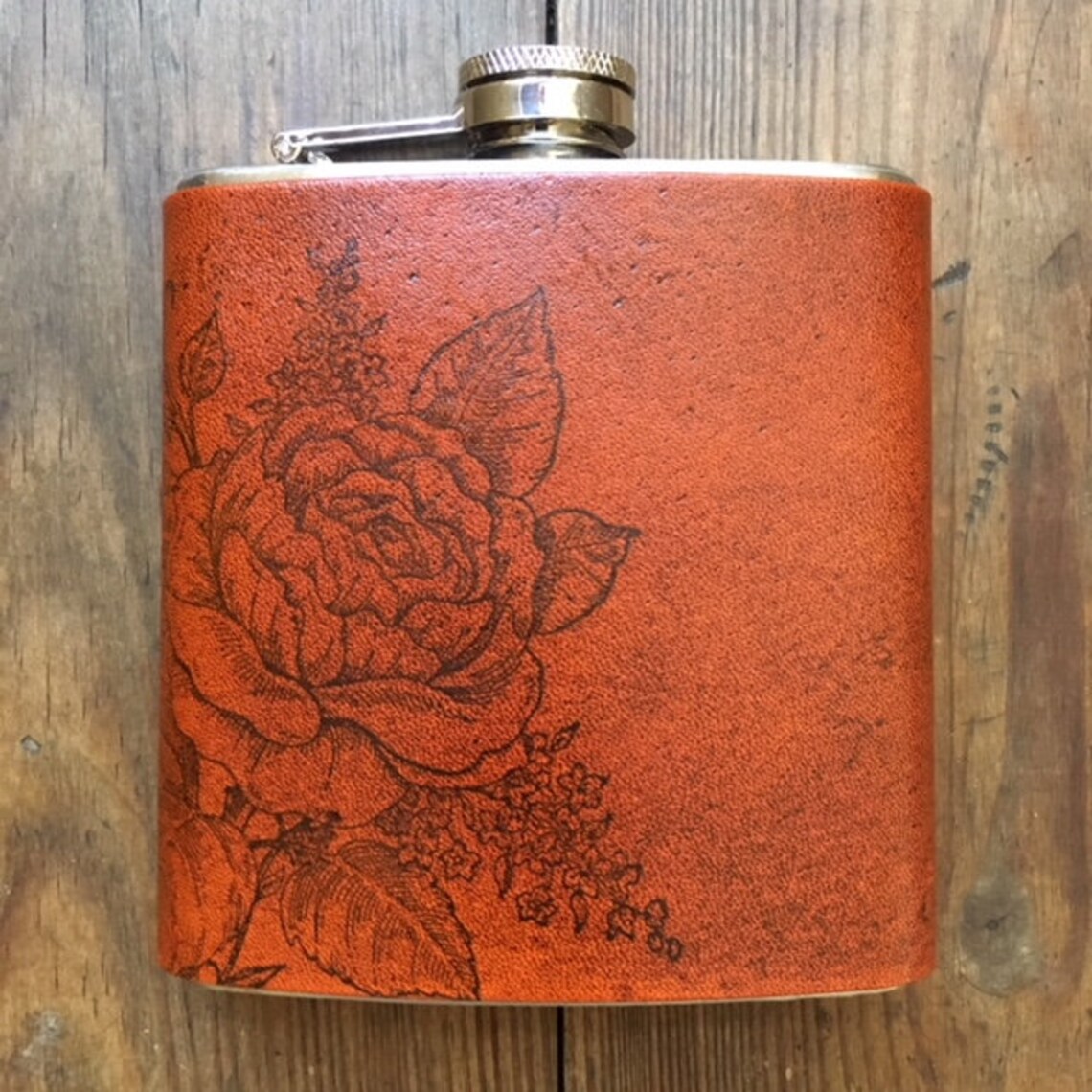 Rose Flower Stamped Flask, Elegant Leather Flask, Leather Flask, All ...