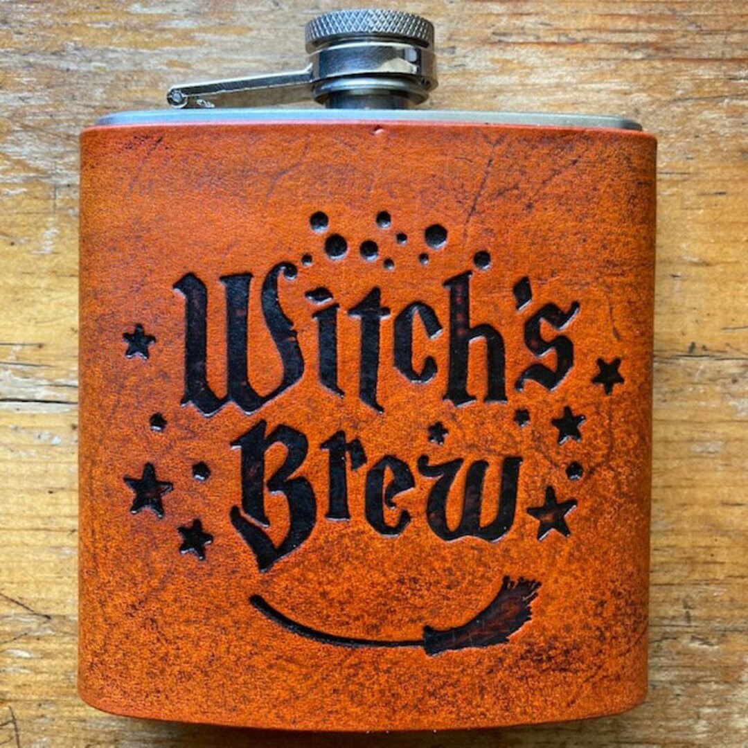 Witch's Brew Leather Wrapped Flask, 6 Oz Hip Flask, Hipflask, Halloween ...