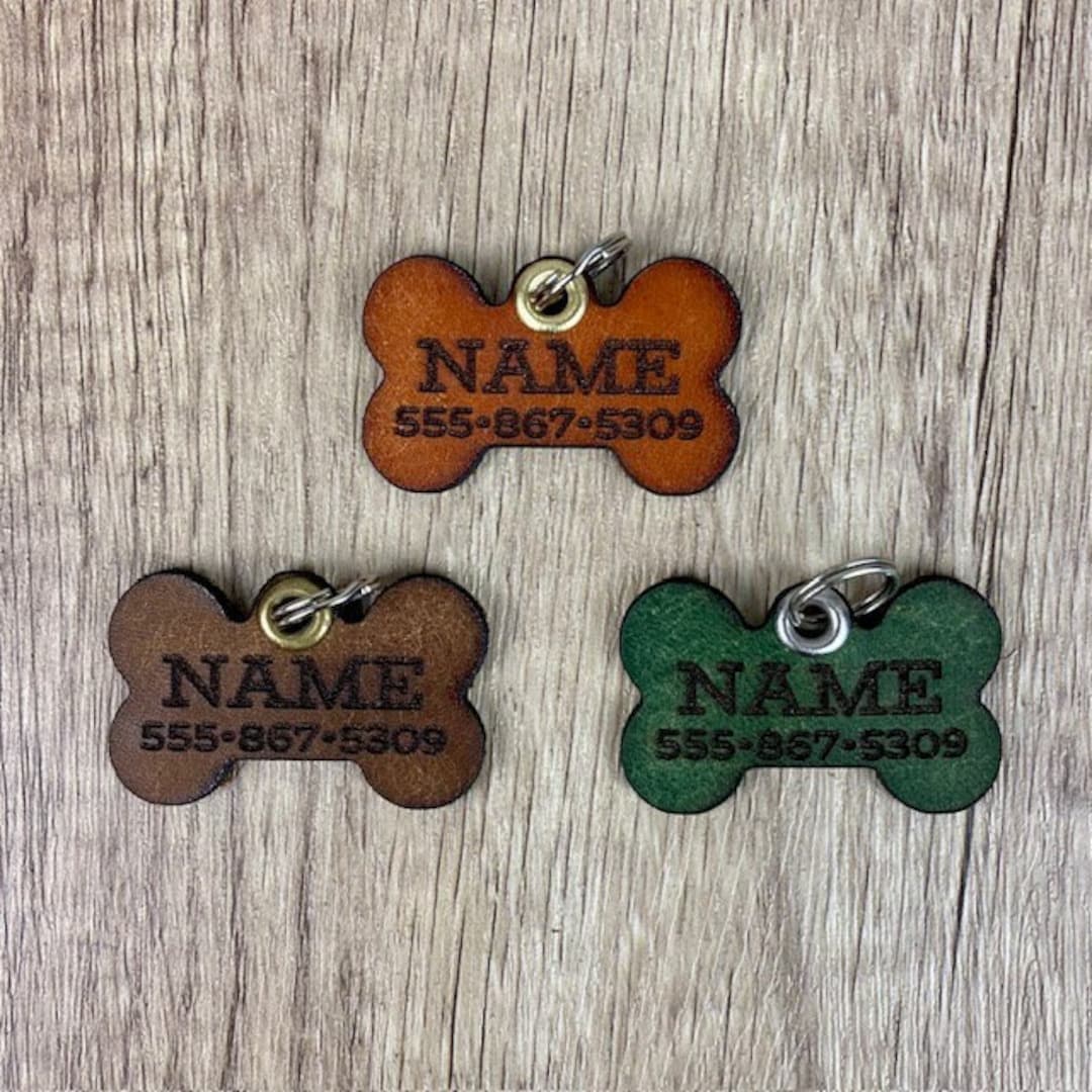 Leather Dog Bone Pet I.D. Tag, NO JINGLING, Luggage Tag, Cat ID Tag ...