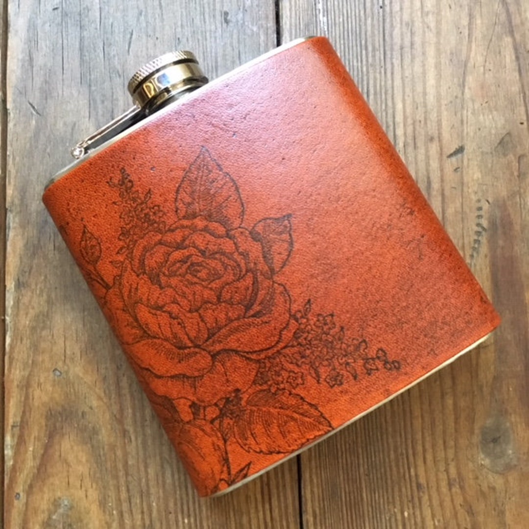 Rose Flower Stamped Flask, Elegant Leather Flask, Leather Flask, All ...