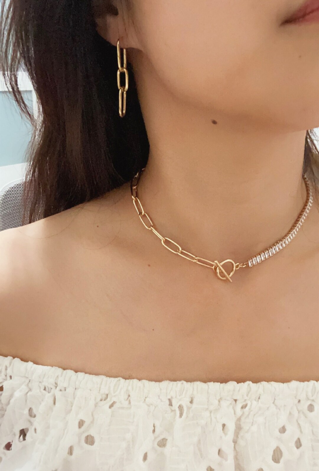 Half Paper Clip, Half Baguette Cubic Zirconia Tennis, Toggle Clasp in ...