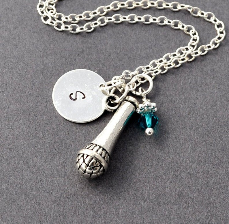 Initial Necklace Silver Microphone Charm Personalized Initial - Etsy