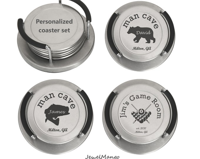 Man Cave Coaster Set With Holder, Stainless Steel, Billiard, Padded ...