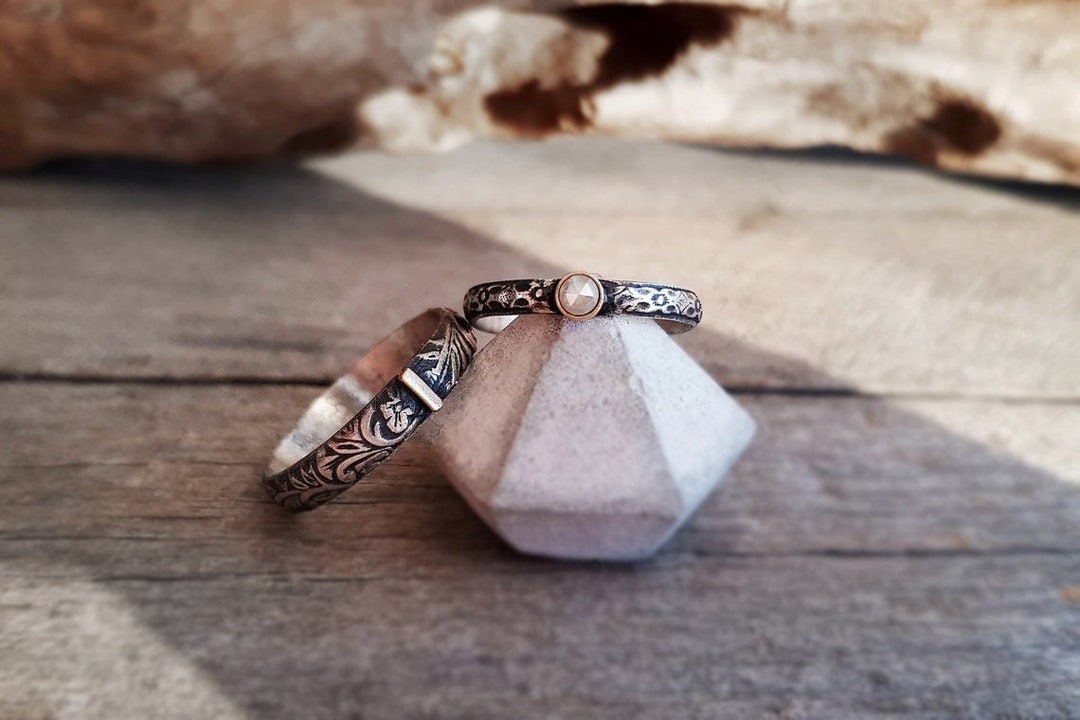 Antique Style Wedding Rings, Diamond Ring Set, Sterling Silver and 18K ...