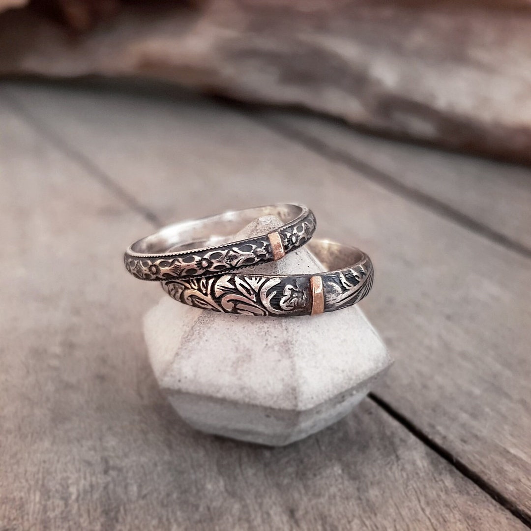 Antique Style Wedding Rings, Relic Wedding Rings, Sterling Silver and ...