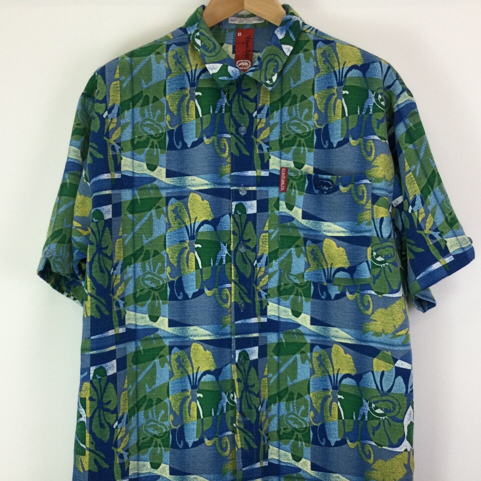 Vintage 1990s Marc Ecko Blue & Green Hawaiian Shirt sold by Svetlana ...