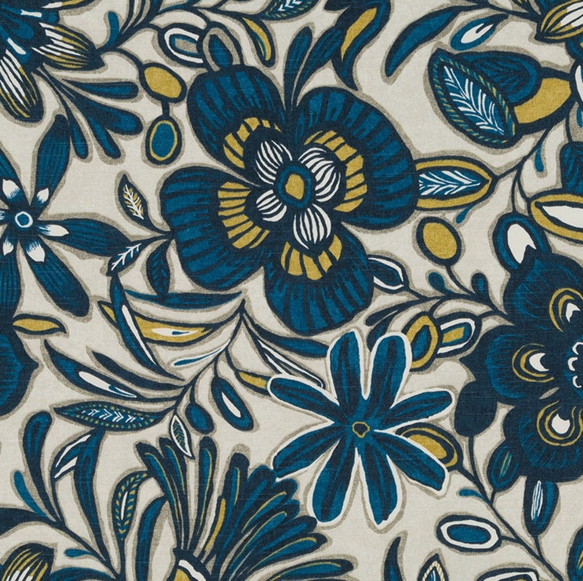 Blue Gold Floral Upholstery Fabric Navy Blue Gold Floral | Etsy
