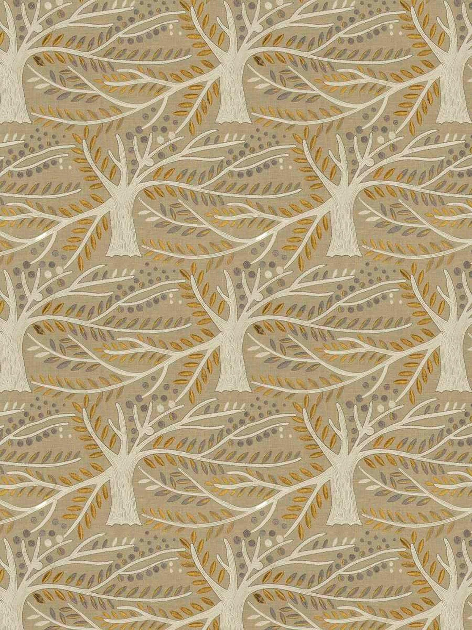 Gold Embroidered Fabric - Light Grey Crewel Fabric With Trees for ...