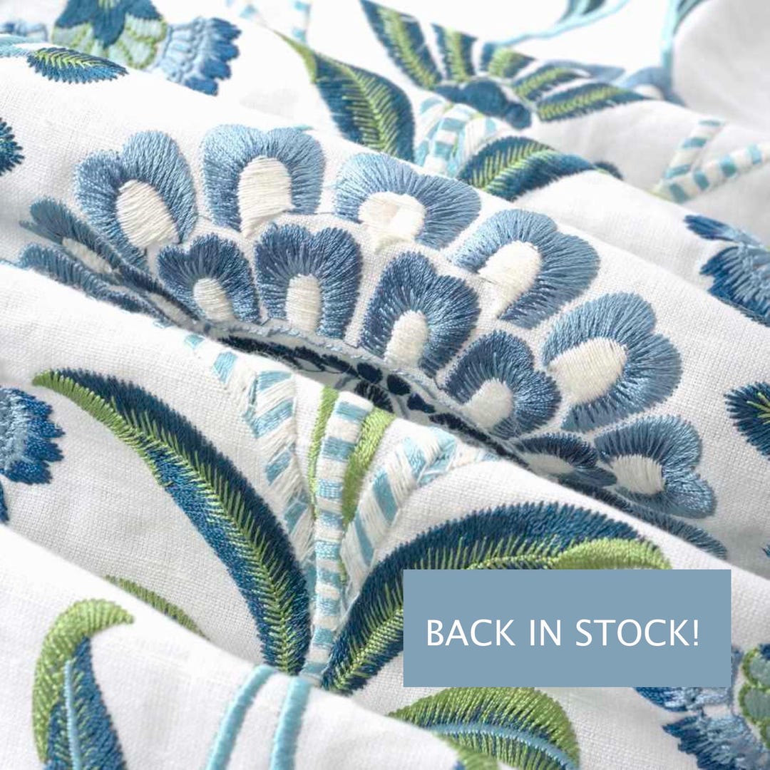 Blue Floral Embroidered Designer Fabric for Curtains and Roman Shades ...