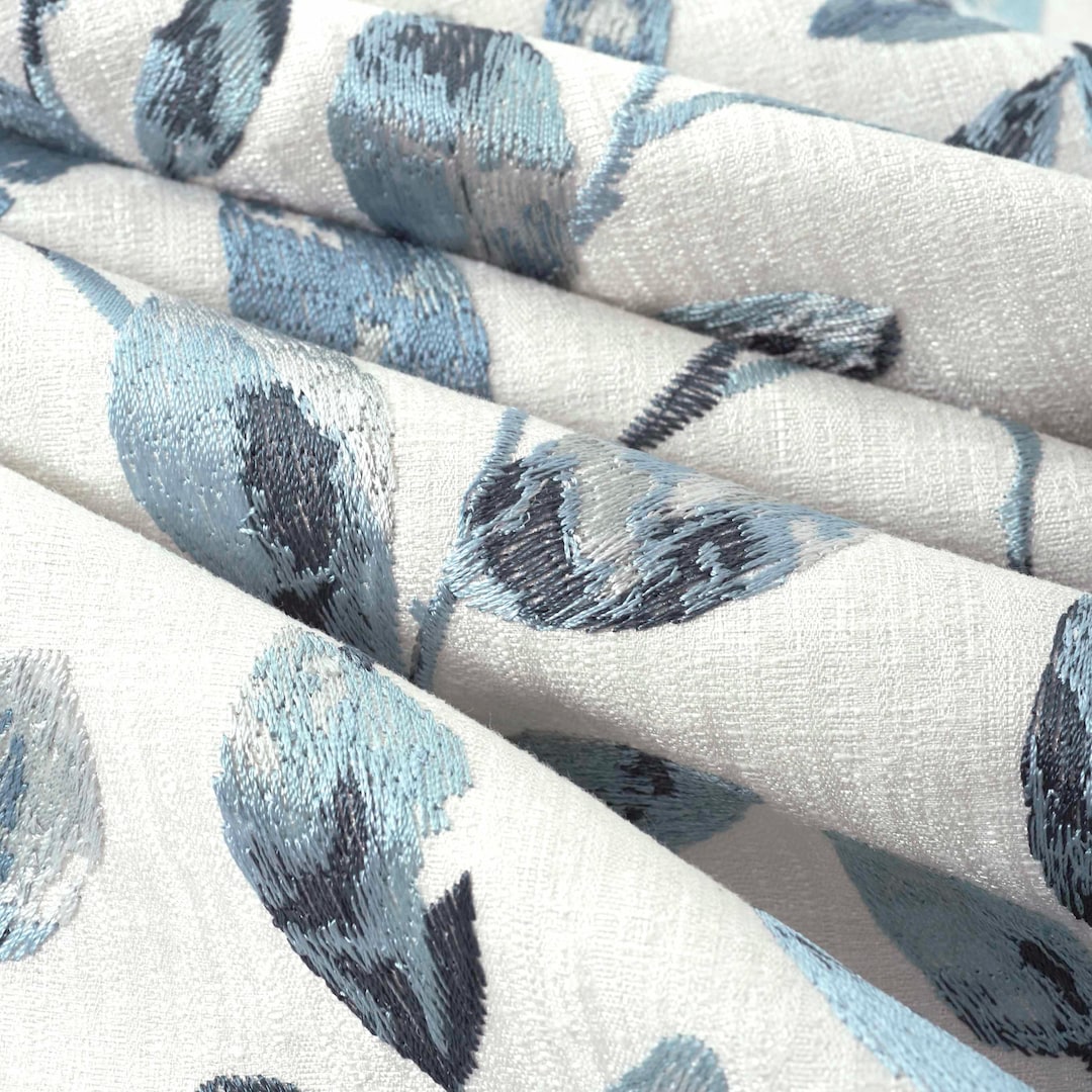 Light Blue Embroidered Fabric for Curtains - Blue Grey Floral Fabric ...