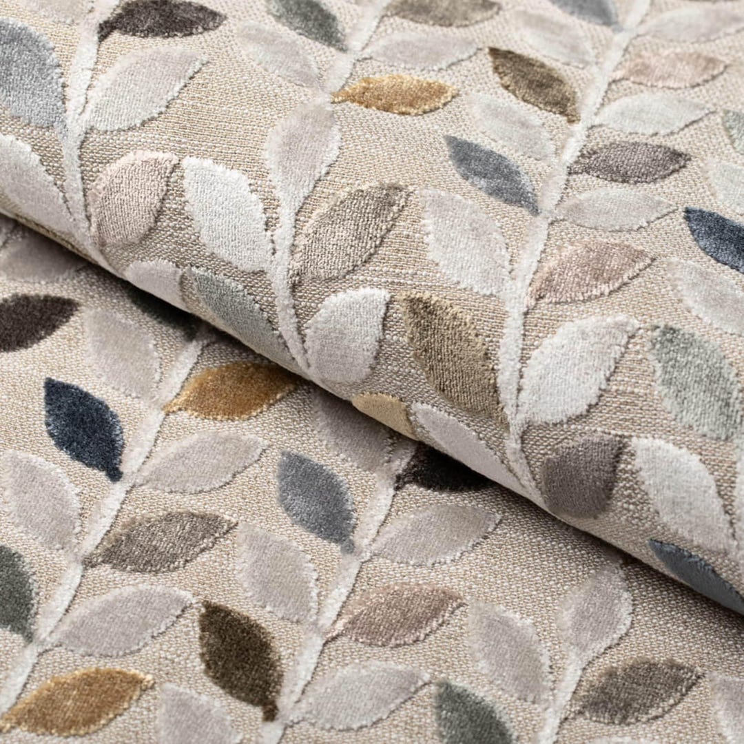 Blue Upholstery Fabric With Leaves - Taupe Raised Velvet Fabric for ...