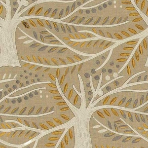 Gold Embroidered Fabric - Light Grey Crewel Fabric With Trees for ...