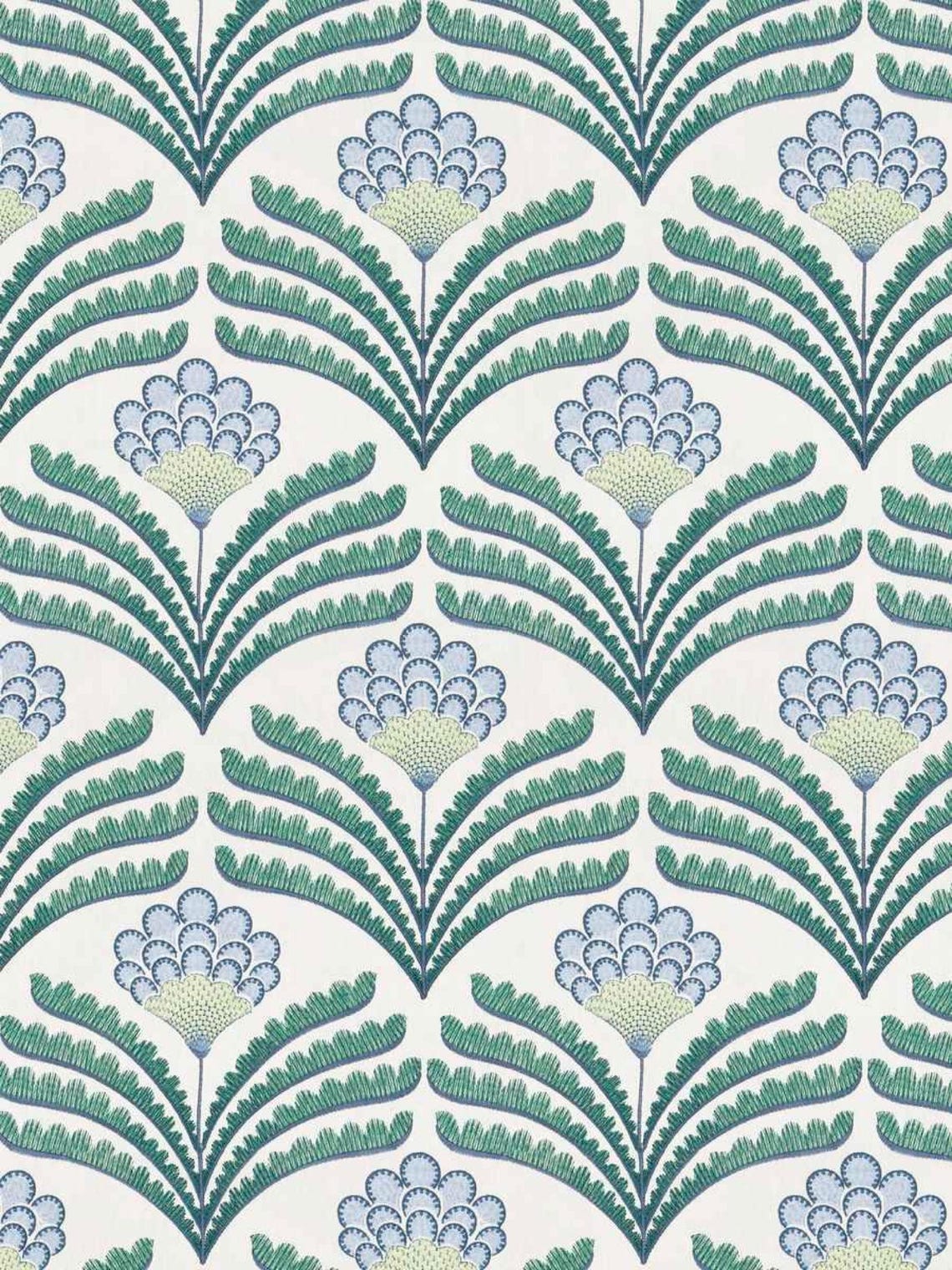Blue Embroidered Fabric With Botanical Design - Blue Green Embroidered ...