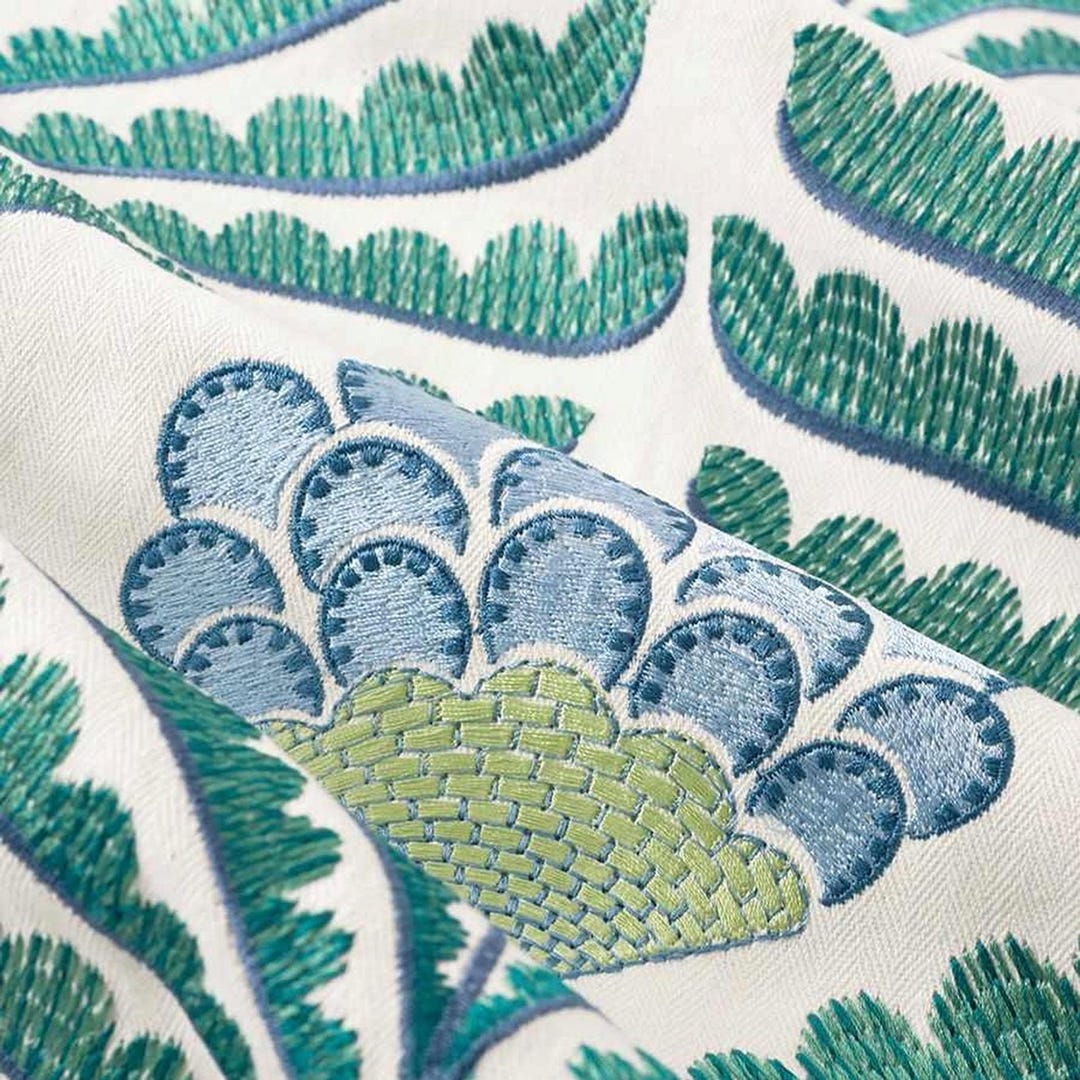 Blue Embroidered Fabric With Botanical Design - Blue Green Embroidered ...