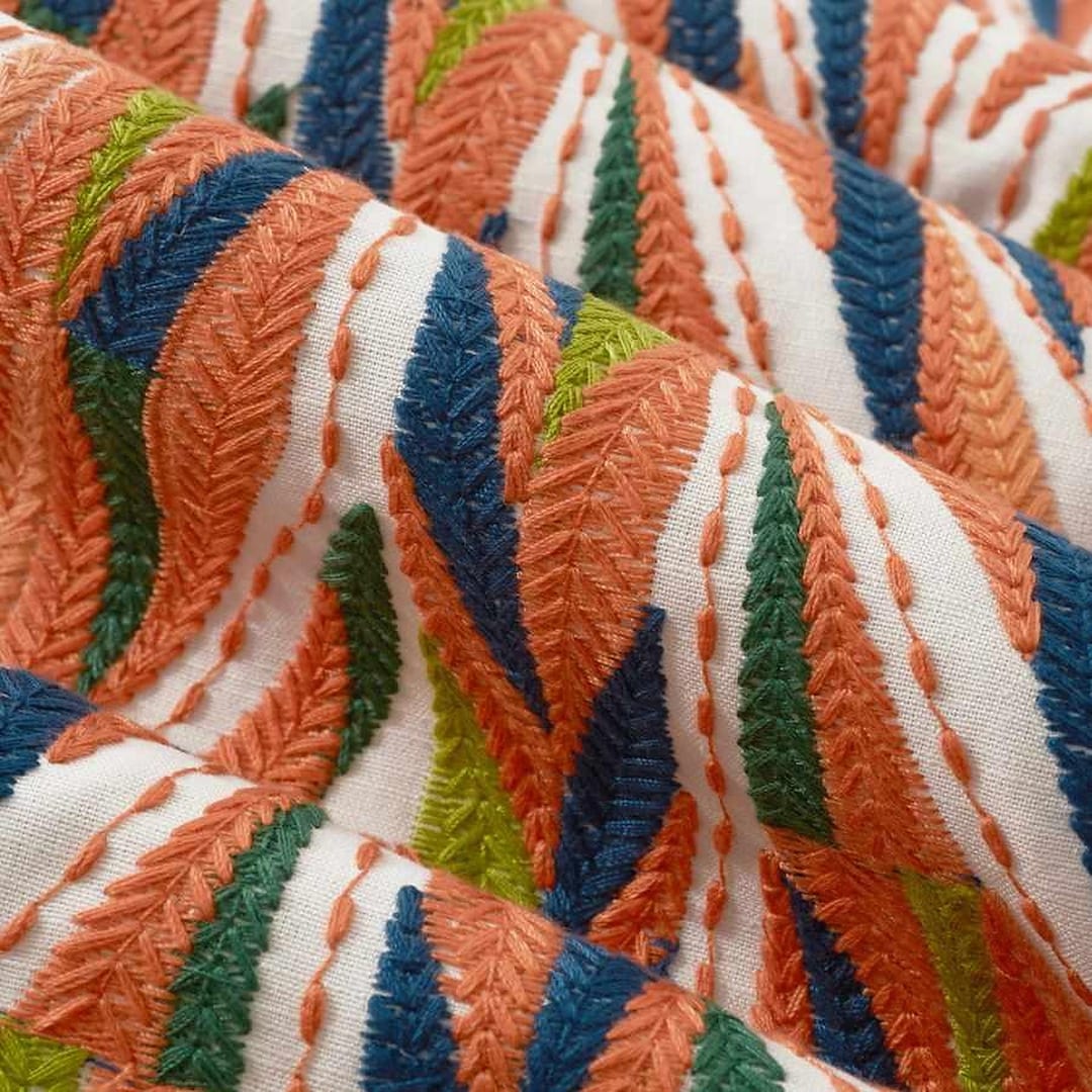 Orange Blue Embroidered Fabric - Multicolored Embroidered Fabric for ...