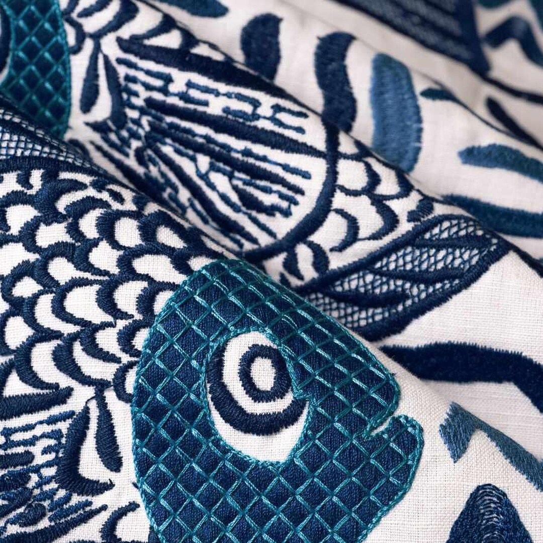 Navy Blue Embroidered Fabric With Exotic Fish Design - Aqua Blue Navy ...