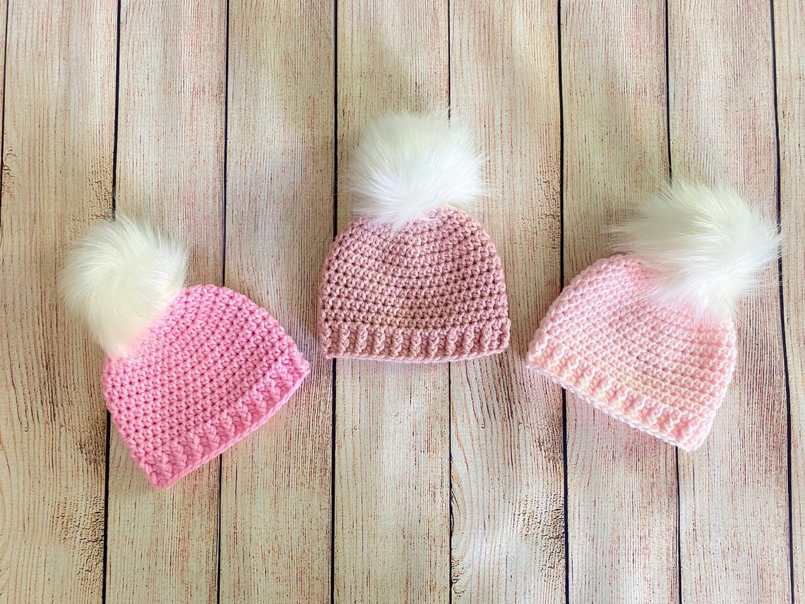 Pale Pink Baby Girl Hat 39 Colors Fluffy White Faux Fur Pom - Etsy