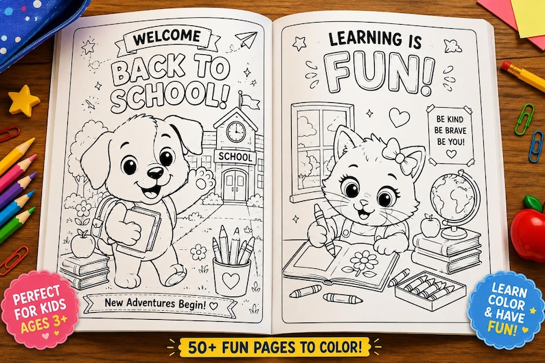 Back to School Coloring Pages Printable Pack, Kids School Coloring Book ...