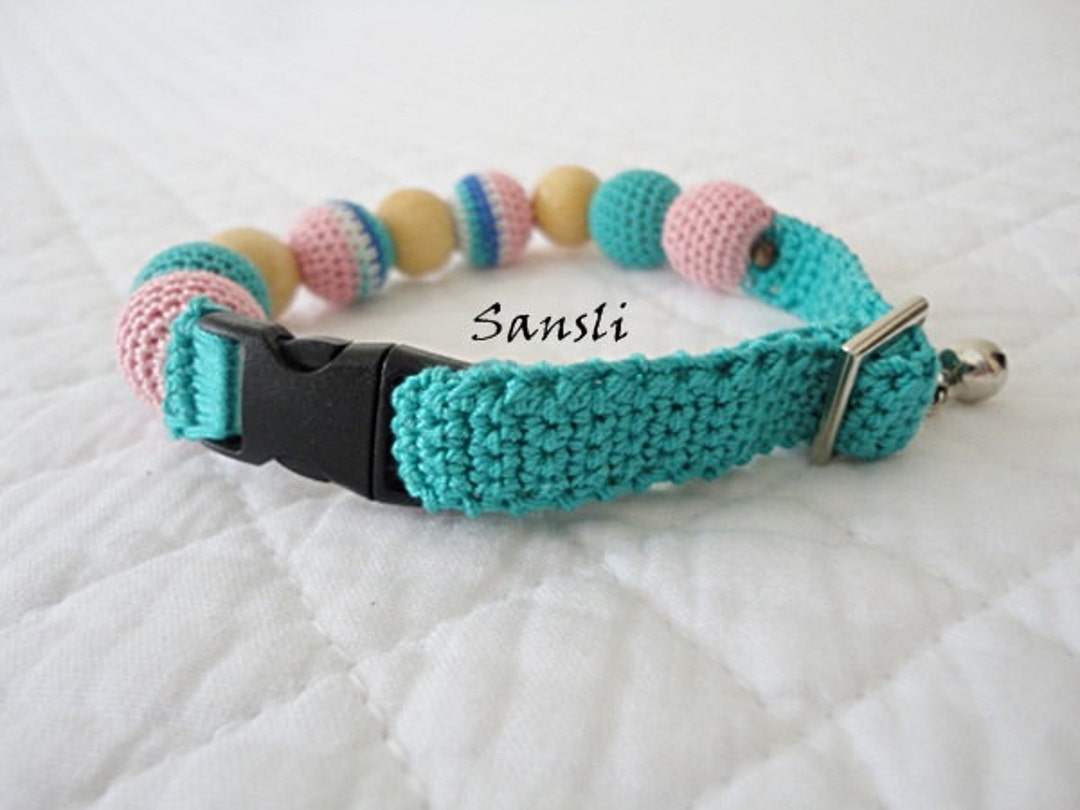 Crochet Cat Collar ''pompom'' Crocheted, Beaded Cat Collar/ Green ...