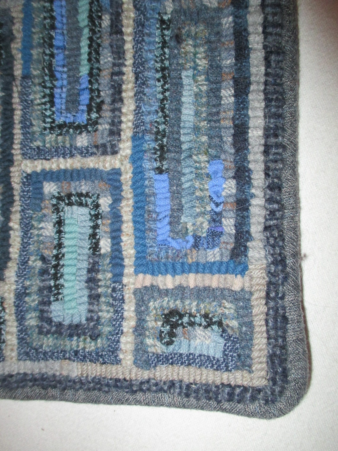 Hooked Mat ,computer Chair Pad,, Wool on a Linen Foundation, Blues and ...