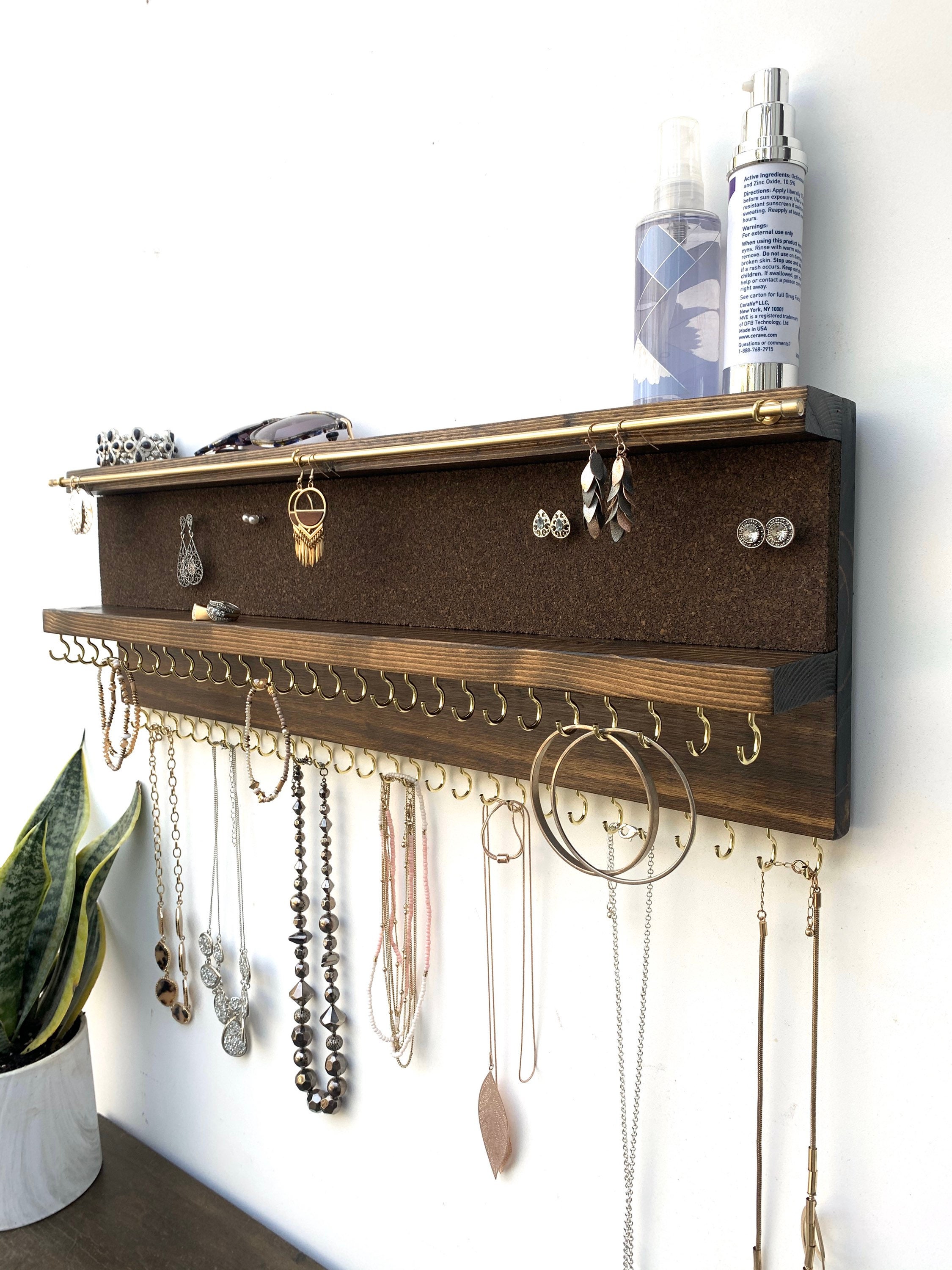 Wood Jewelry Organizer With Shelf | Cork Stud Earring | Necklace Holder ...