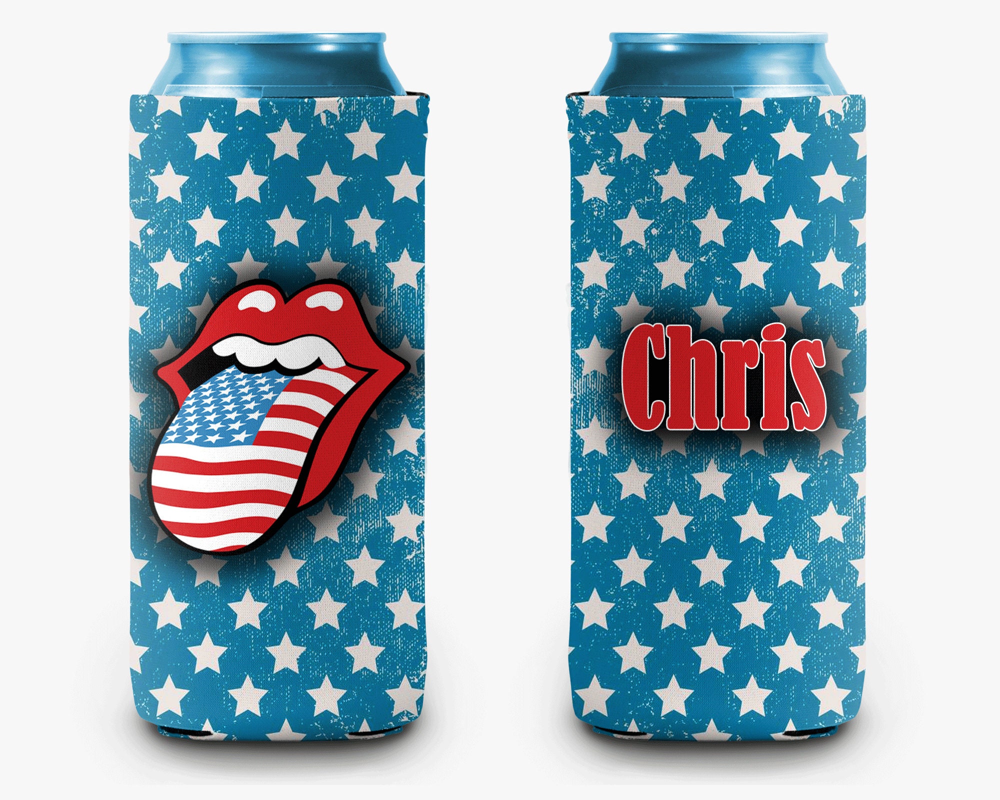 USA Can Cooler Blue Stars Lips Personalized Can Cooler Sleeve - Etsy