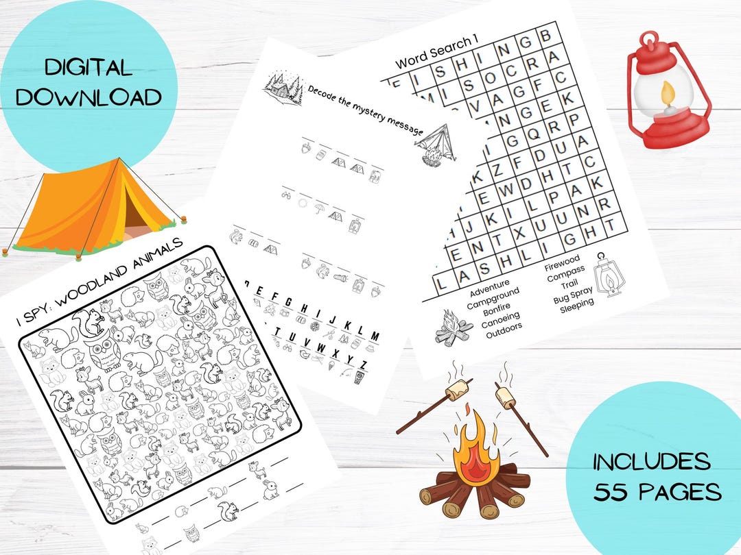 Camping Digital Download Activity Sheets for Ages 5-7 Mazes, Decoding ...