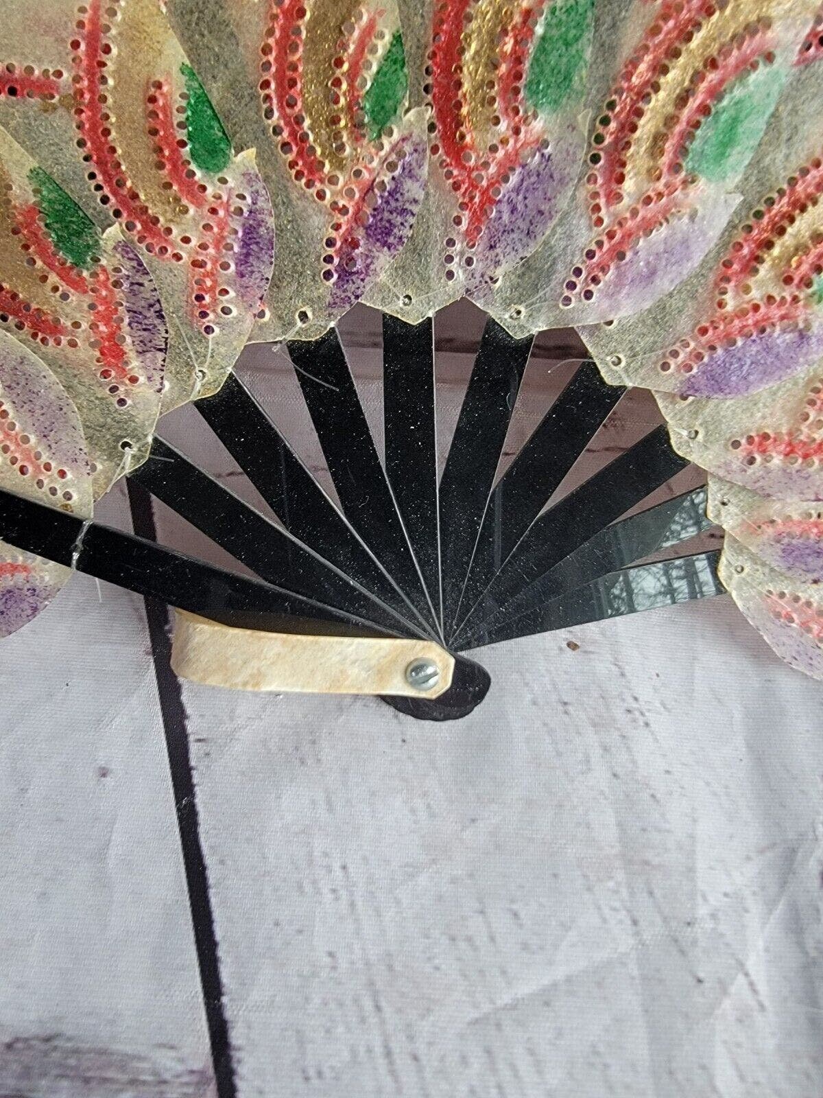 Vintage Indonesian Folding Hand Fan Pierced Vellum Hand Painted Flower ...