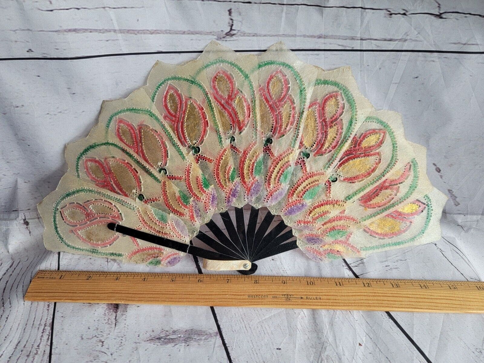 Vintage Indonesian Folding Hand Fan Pierced Vellum Hand Painted Flower ...