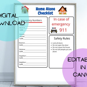 Home Alone Checklist, Kids Checklist, Safetly Check, Downloadable ...