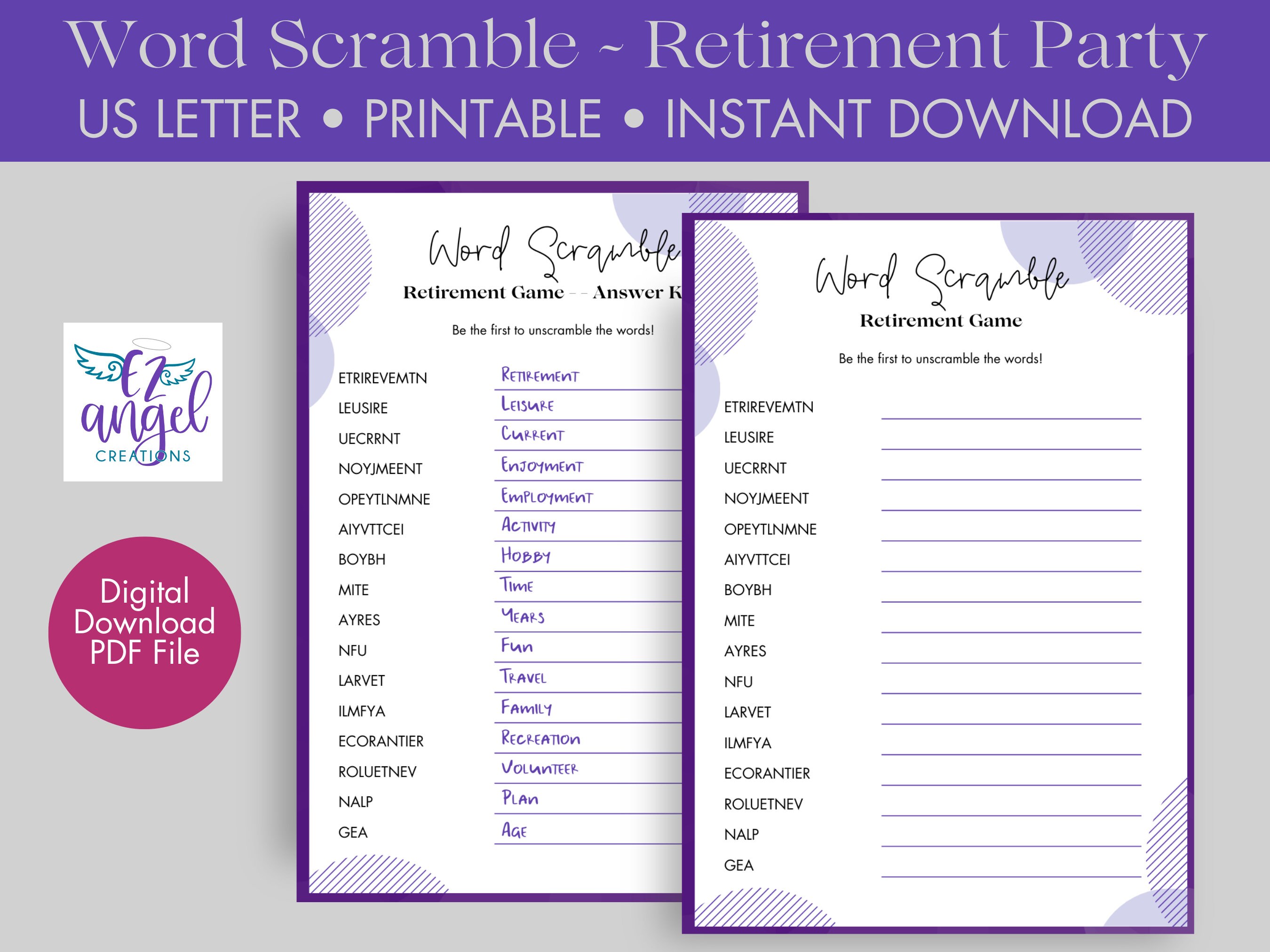 Retirement Party Word Scramble Game ~ Digital Download ~ Bold Purple ...