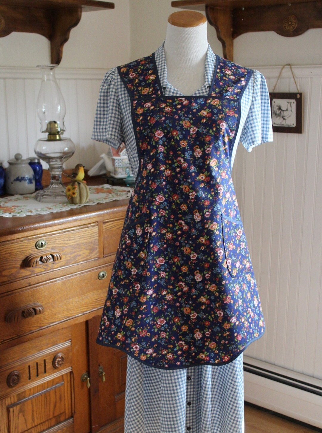 Navy Rose Calico Vintage Style Apron -ready to Ship - Etsy