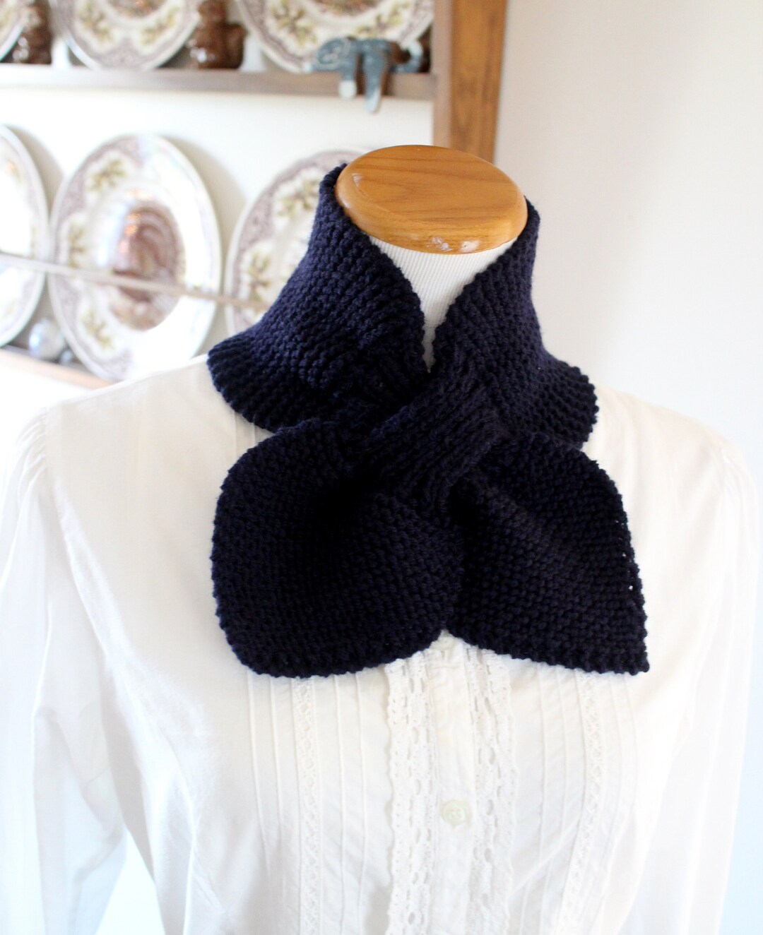 Bow Scarf Hand Knit Keyhole Ascot Style Wool Blend Dark Navy Blue Ready ...