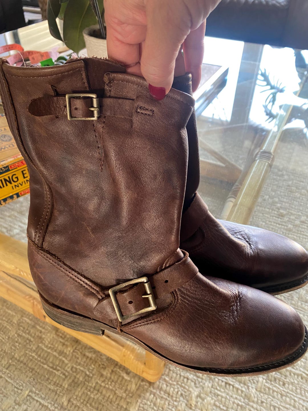 1950’s Style Classic Iconic Brown Leather Brass Buckle Motorcycle Boots ...