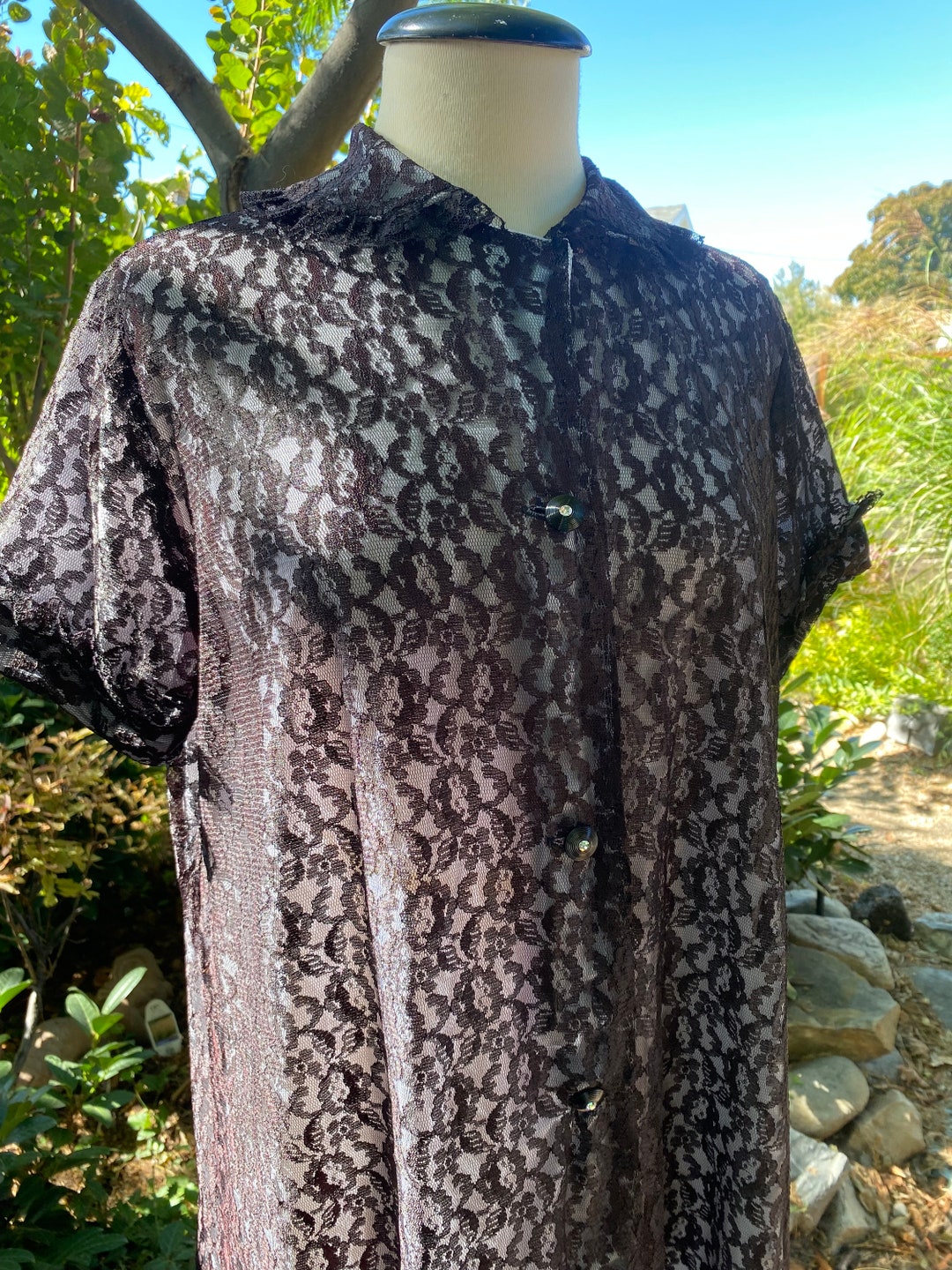 Vintage Excellent Condition Basila Black Lace Housecoat Robe With ...