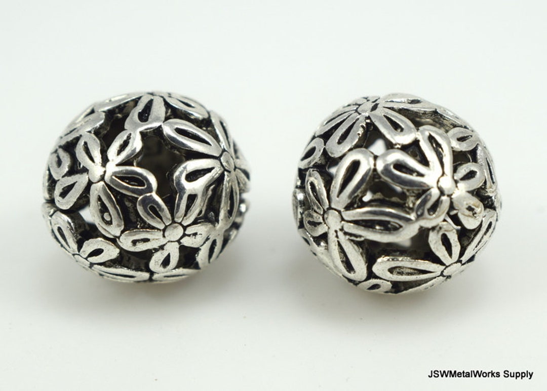2 Pewter Floral Bead, Large Antiqued Silver Round Flower Bead, Hollow ...