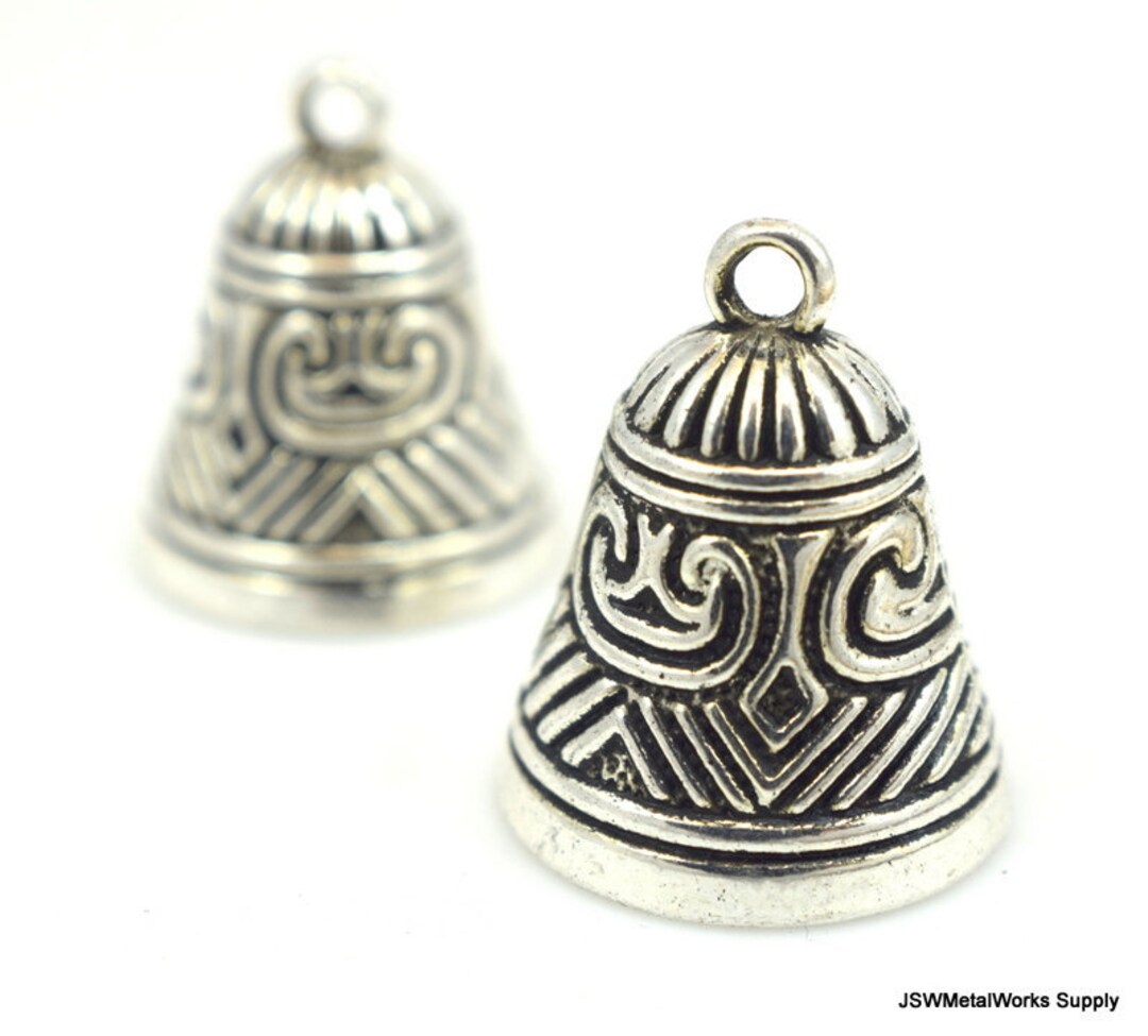 4 Etched Bell Pewter Pendant, Antiqued Silver Etched Bell Charm, Bell ...