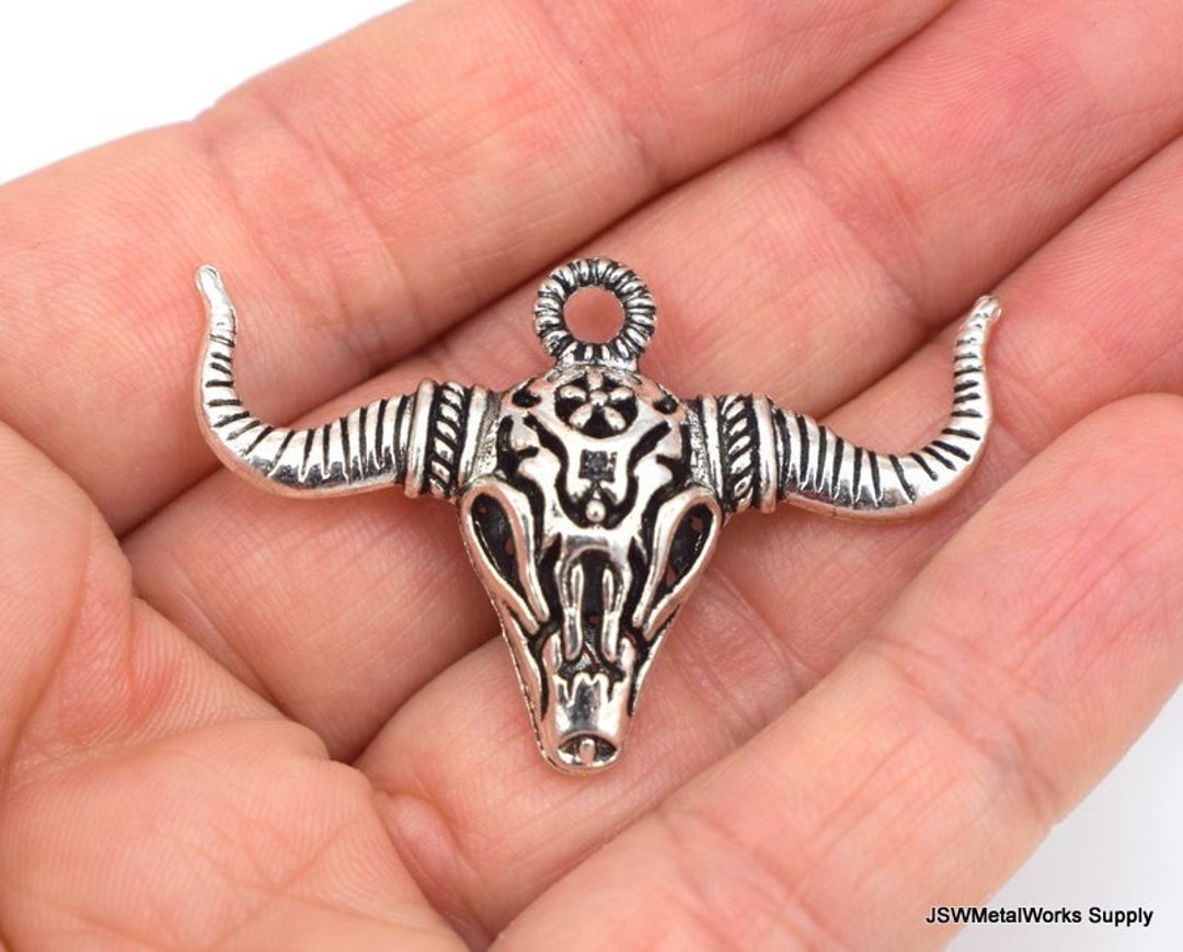 Large Pewter Bull Longhorn Head Focal Pendant, Hollow Puffed Antiqued ...