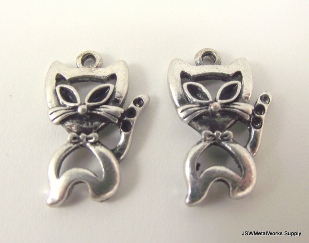 Small Antiqued Silver Cat Charms, Modern Siamese Cat Charm, Cat Outline ...
