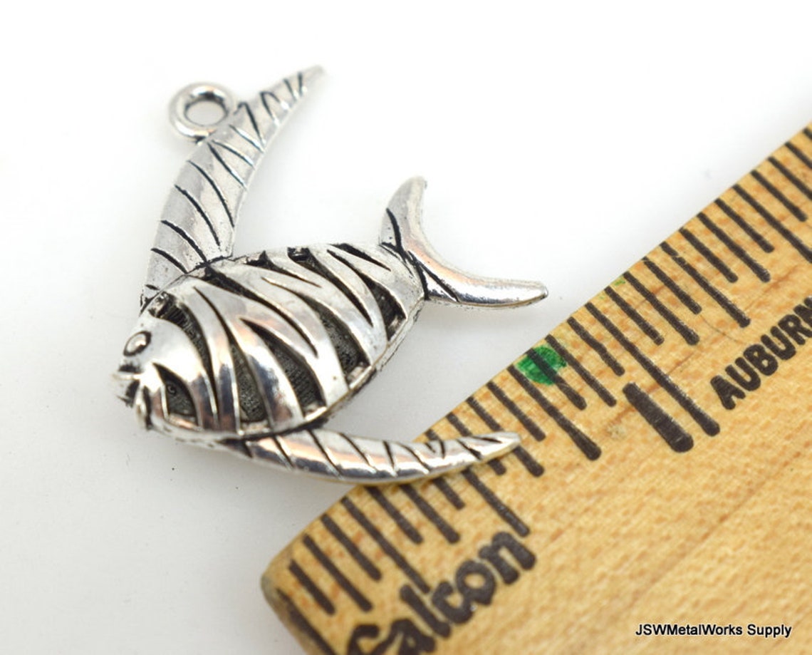 Detailed Puffed Fish Pewter Charm, Antiqued Silver Fish Pendant, Large ...